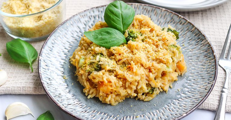 Brown Rice Risotto With Caramelized Onions, Squash and Broccoli